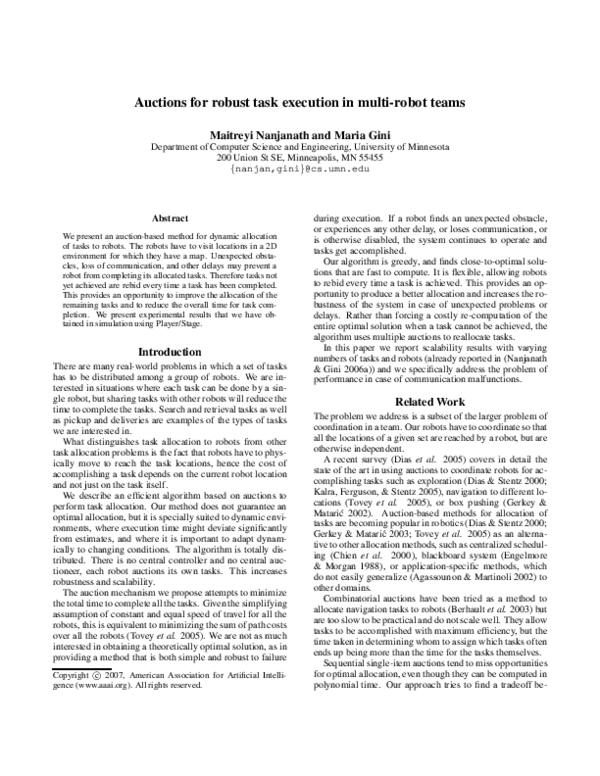 (PDF) Auctions for robust task execution in multi-robot teams