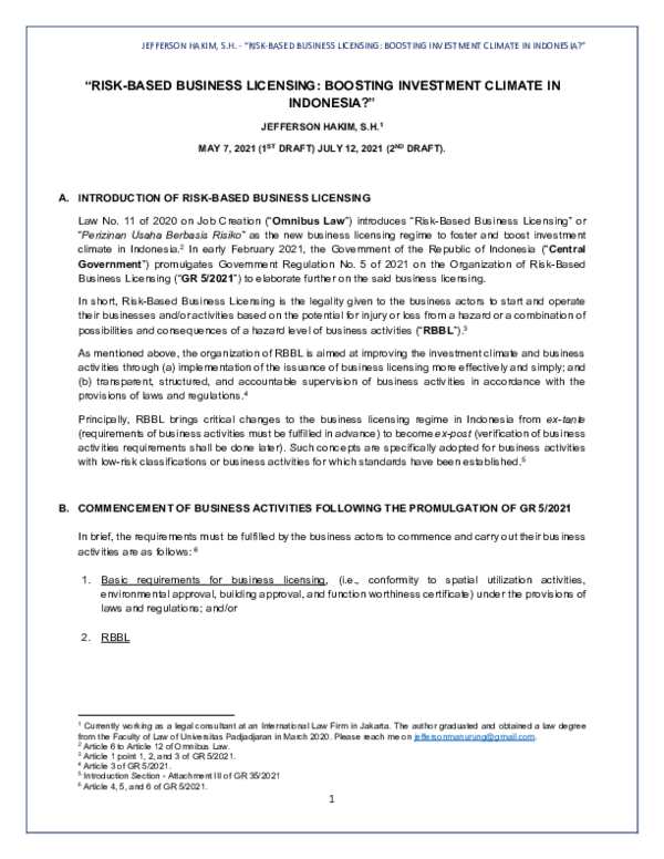 (PDF) RISK-BASED BUSINESS LICENSING: BOOSTING INVESTMENT CLIMATE IN ...