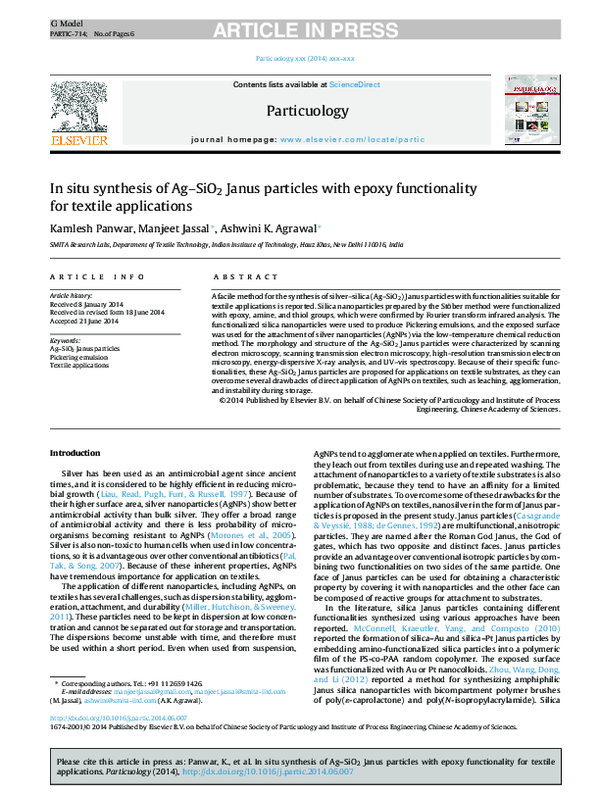 (PDF) In situ synthesis of Ag–SiO2 Janus particles with epoxy functionality for textile applications