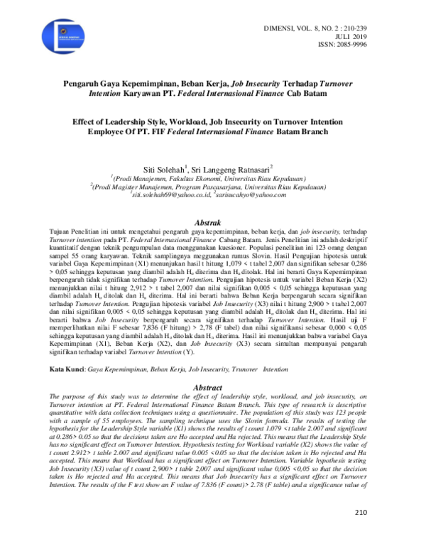 (PDF) Pengaruh Gaya Kepemimpinan, Beban Kerja, Job Insecurity Terhadap Turnover Intention ...