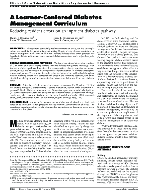 (PDF) A Learner-Centered Diabetes Management Curriculum: Reducing ...