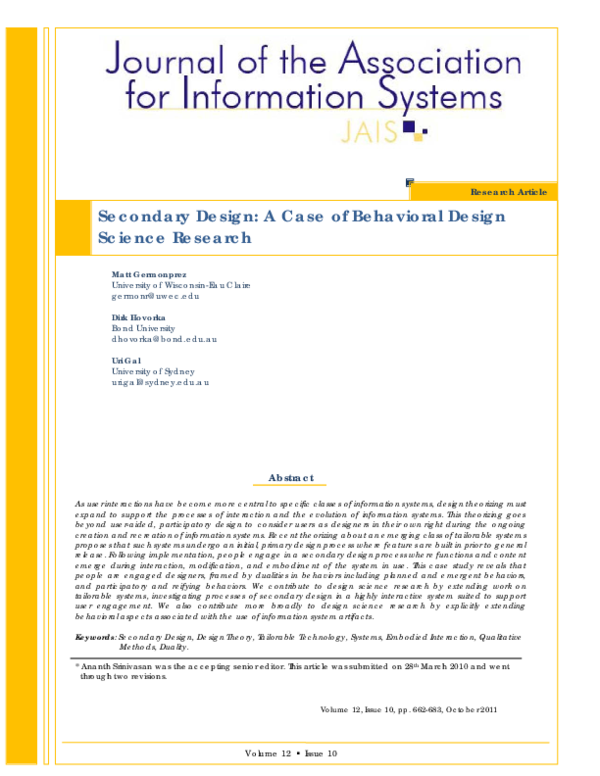 (PDF) Secondary design: A case of behavioral design science research