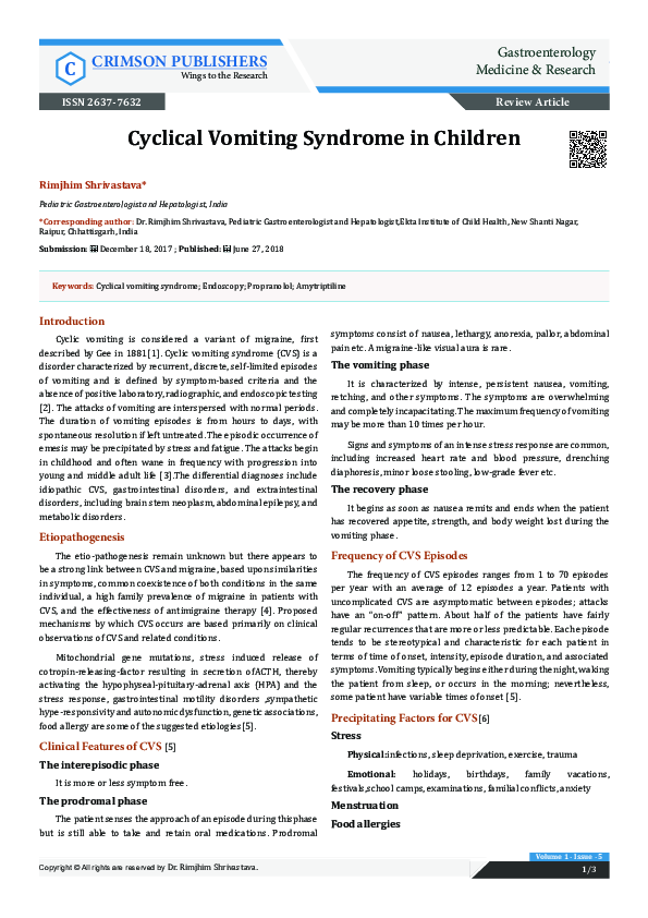 (PDF) Cyclical Vomiting Syndrome in Children