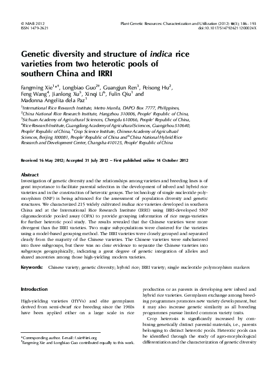 (PDF) Genetic diversity and structure of indica rice varieties from two ...
