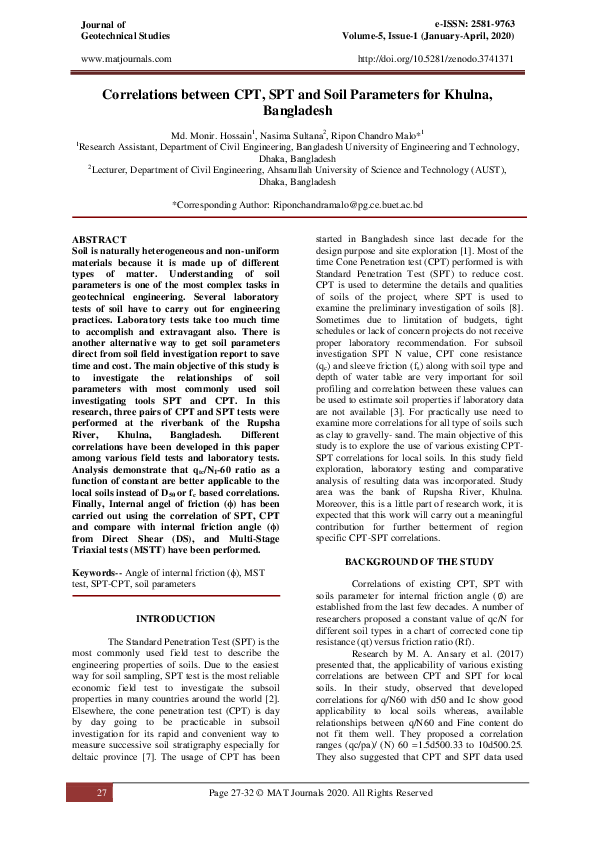 (PDF) Correlations between CPT, SPT and Soil Parameters for Khulna, Bangladesh