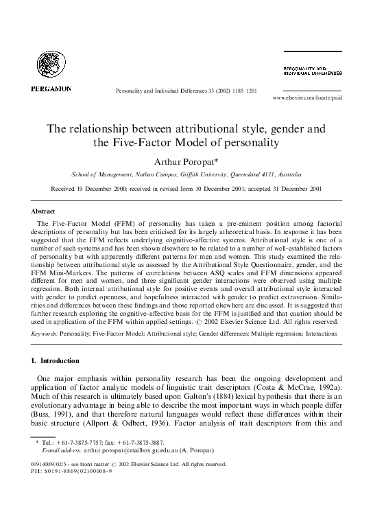 (PDF) The relationship between attributional style, gender and the Five ...