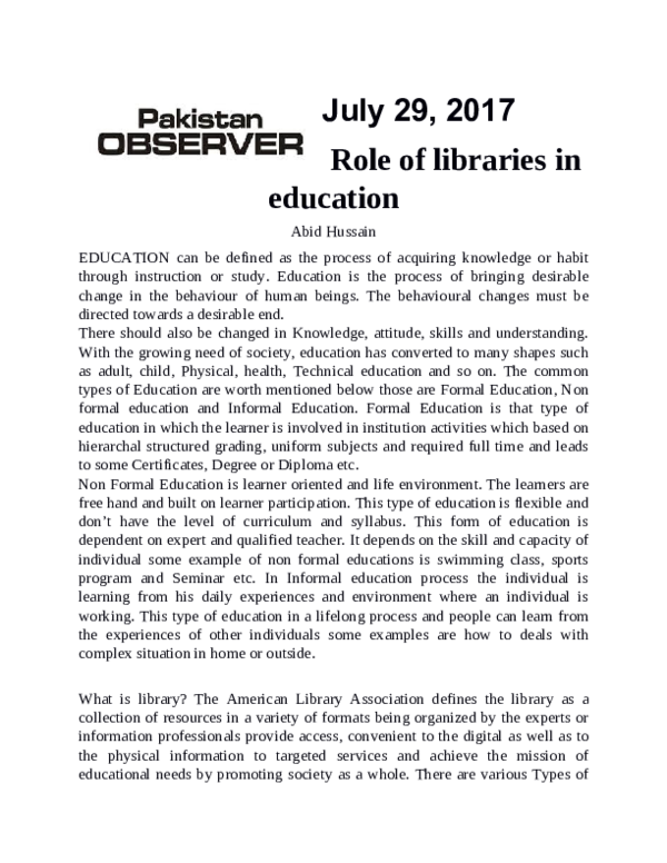 (PDF) Role of libraries in education