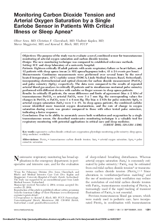 Pdf Transcutaneous Carbon Dioxide Tension And Oxygen Saturation Monitoring Versus Arterial