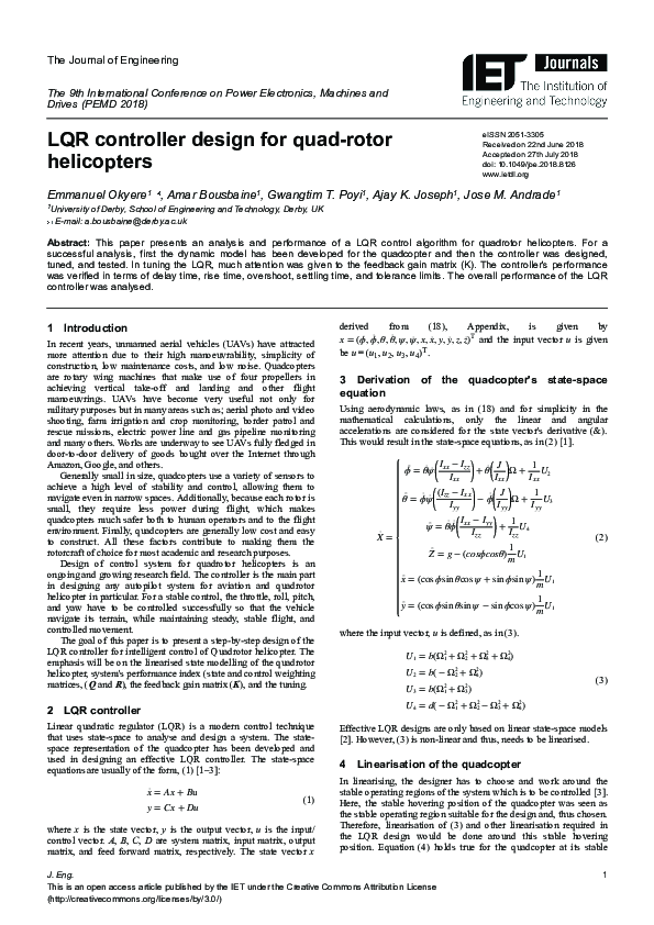 Pdf Lqr Controller Design For Quad Rotor Helicopters 
