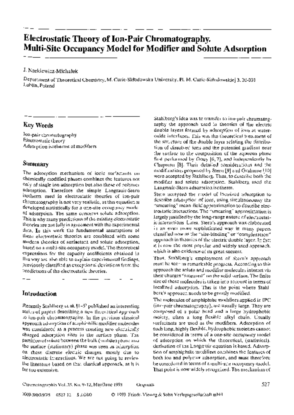 (PDF) Electrostatic theory of ion-pair chromatography. Multi-site occupancy model for modifier ...