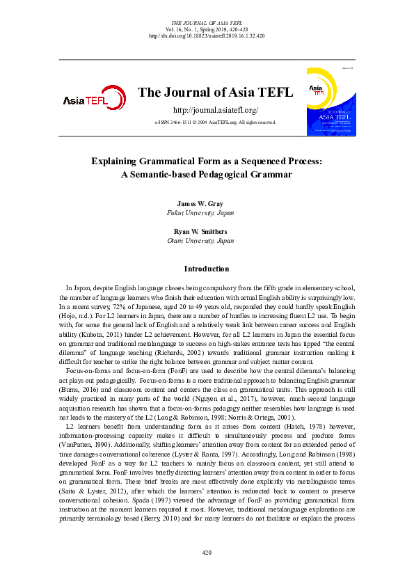 (PDF) Explaining Grammatical Form as a Sequenced Process : A Semantic-based Pedagogical Grammar