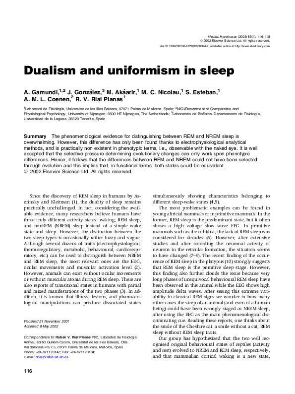 (PDF) Dualism and uniformism in sleep