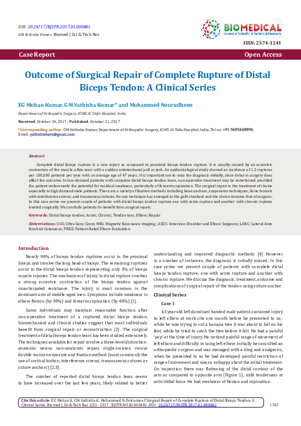 (PDF) Outcome of Surgical Repair of Complete Rupture of Distal Biceps ...