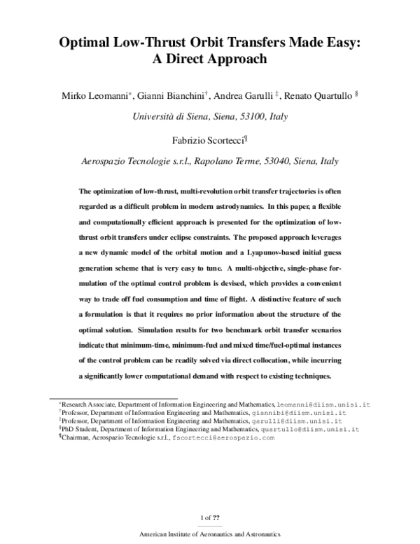 (PDF) Optimal Low-Thrust Orbit Transfers Made Easy: A Direct Approach