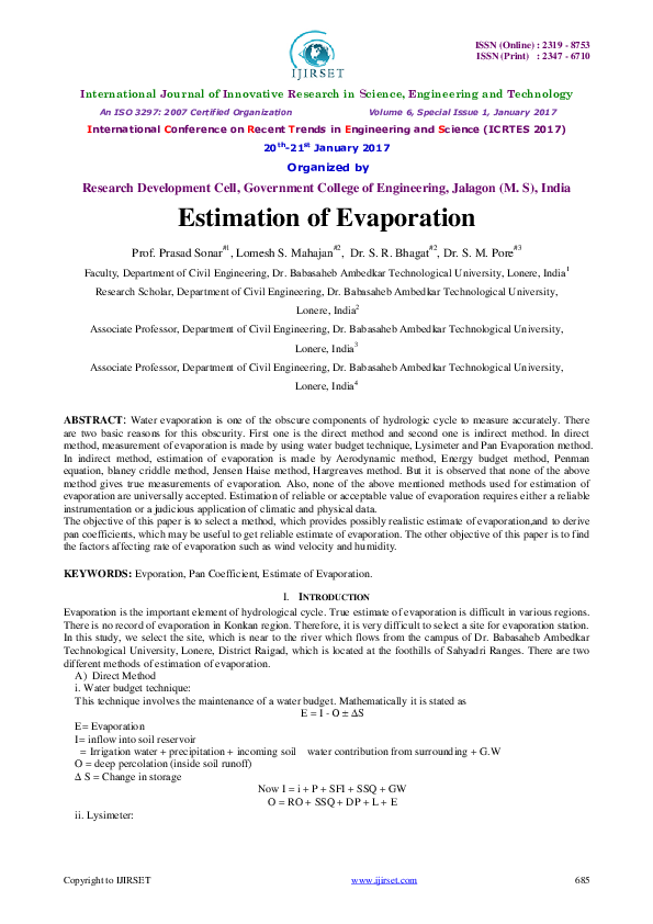 Pdf Estimation Of Evaporation