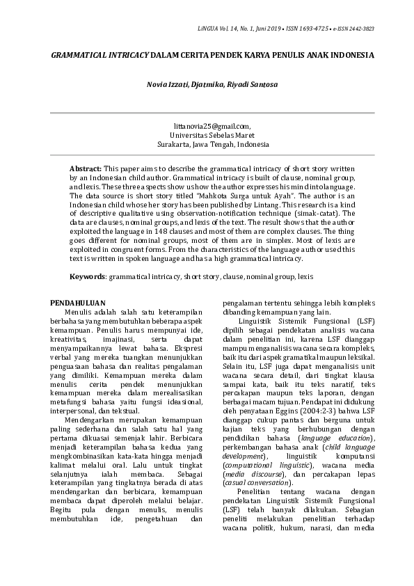 (PDF) Grammatical Intricacy Dalam Cerita Pendek Karya Penulis Anak ...