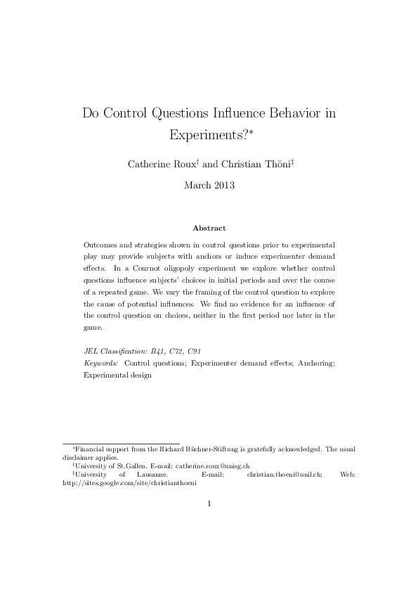 (PDF) Do control questions influence behavior in experiments?