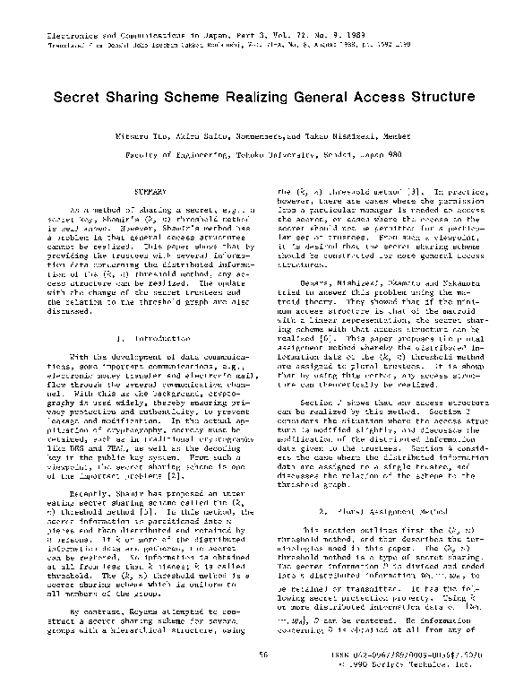 (PDF) Secret sharing scheme realizing general access structure