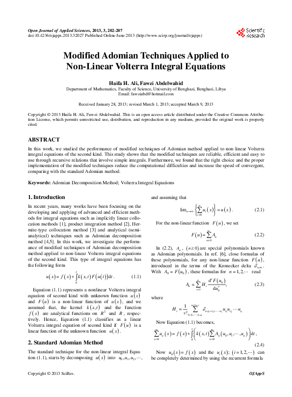 (PDF) Modified Adomian Techniques Applied to Non-Linear Volterra Integral Equations