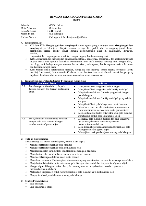 (DOC) RENCANA PELAKSANAAN PEMBELAJARAN (RPP) Sekolah : MTsN 1 Muna Mata ...