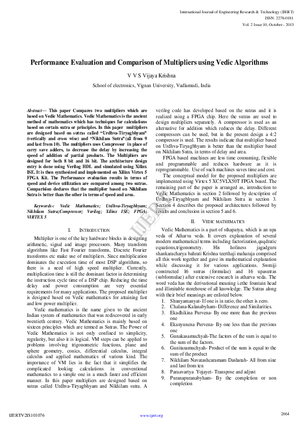 Pdf Ijert Performance Evaluation And Comparison Of Multipliers Using Vedic Algorithms