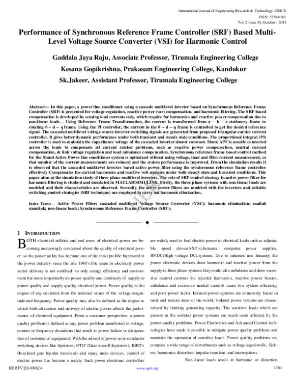 Pdf Ijert Performance Of Synchronous Reference Frame Controller Srf Based Multi Level