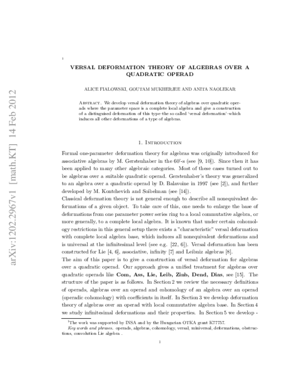 (PDF) Versal deformation theory of algebras over a quadratic operad