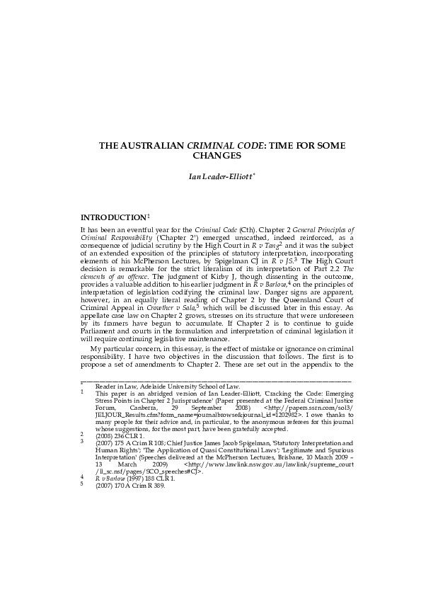 (PDF) The Australian Criminal Code: Time for Some Changes