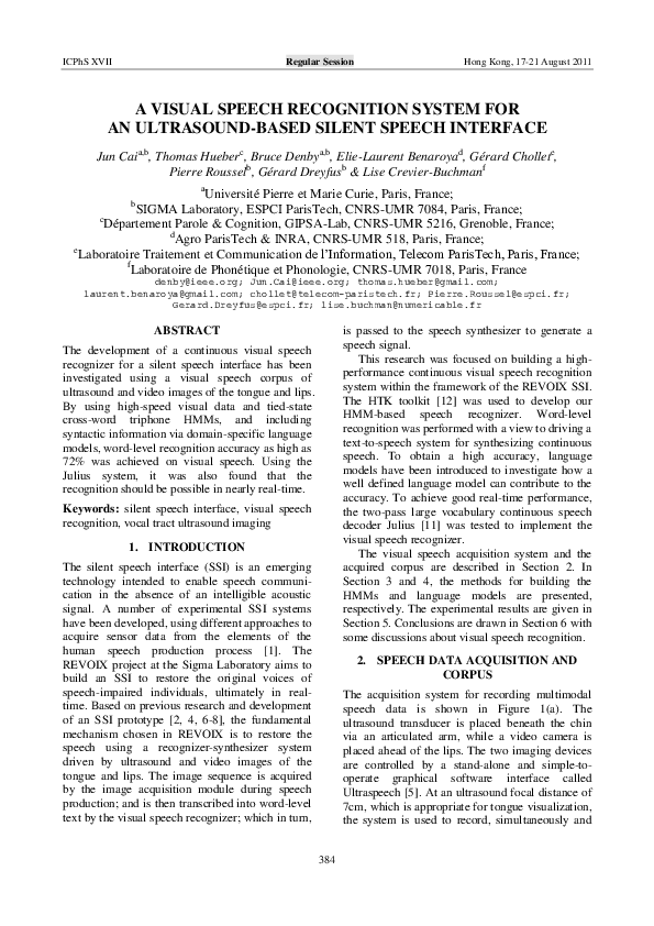 (PDF) A visual speech recognition system for an ultrasound-based silent speech interface
