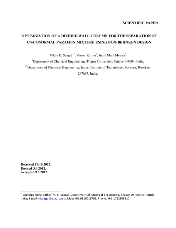 (PDF) Optimization of a divided wall column for the separation of C4-C6 ...