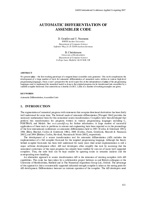 Pdf Automatic Differentiation Of Assembler Code Bruce Christianson