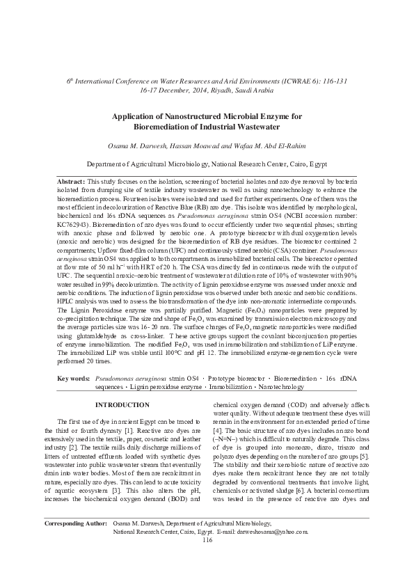 (PDF) Application of Nanostructured Microbial Enzyme for Bioremediation of Industrial Wastewater