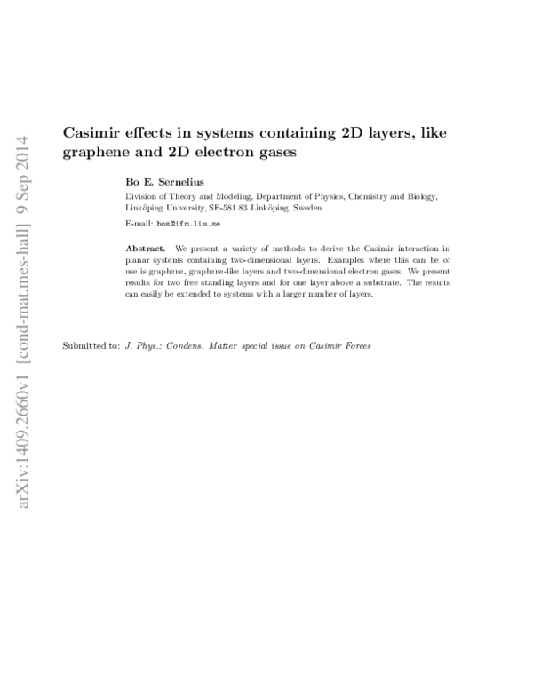 (PDF) Casimir effects in systems containing 2D layers such as graphene and 2D electron gases | B ...