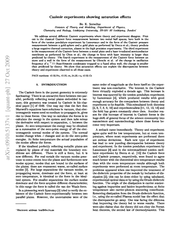 (PDF) Casimir experiments showing saturation effects | B. Sernelius - Academia.edu