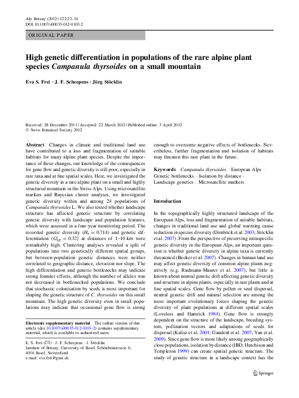 (PDF) High genetic differentiation in populations of the rare alpine ...