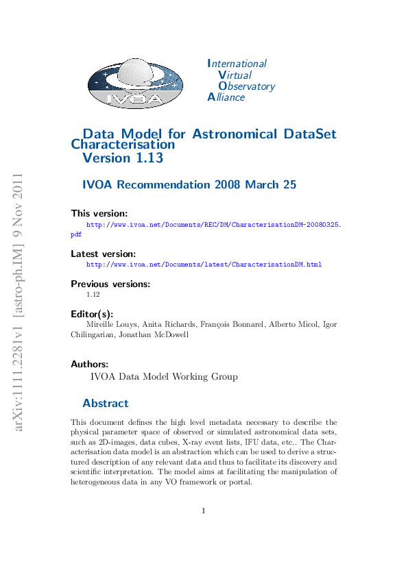 (PDF) IVOA Recommendation: Data Model for Astronomical DataSet Characterisation