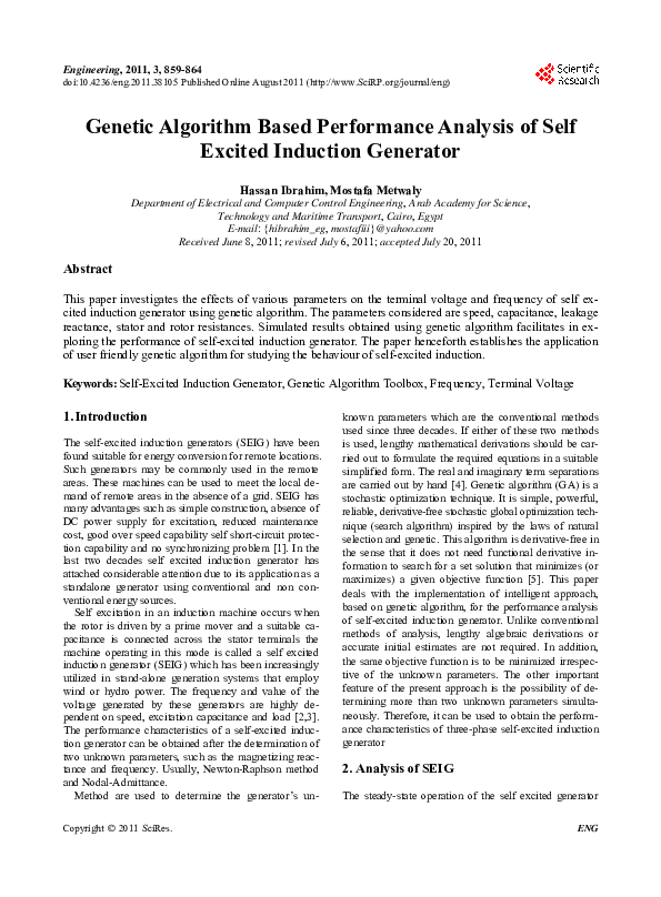 (PDF) Genetic Algorithm Based Performance Analysis of Self Excited Induction Generator