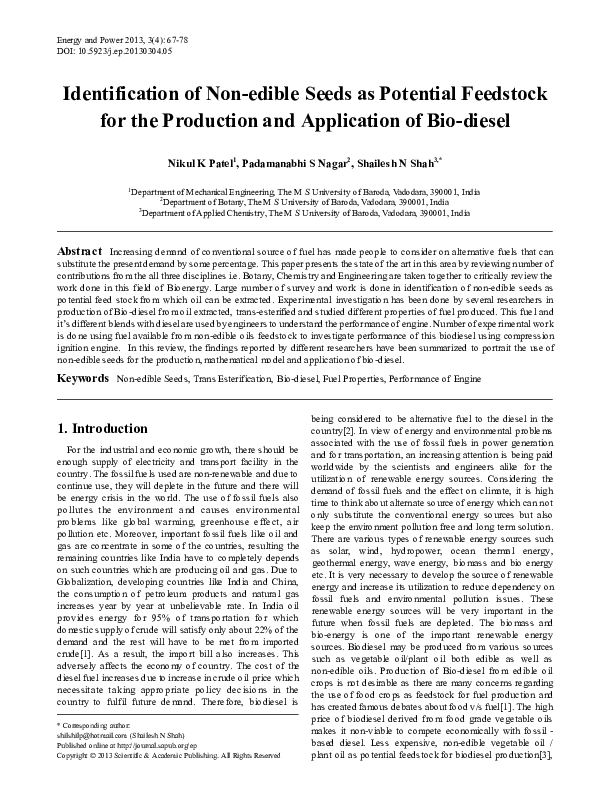 (PDF) Identification of Non-edible Seeds as Potential Feedstock for the ...
