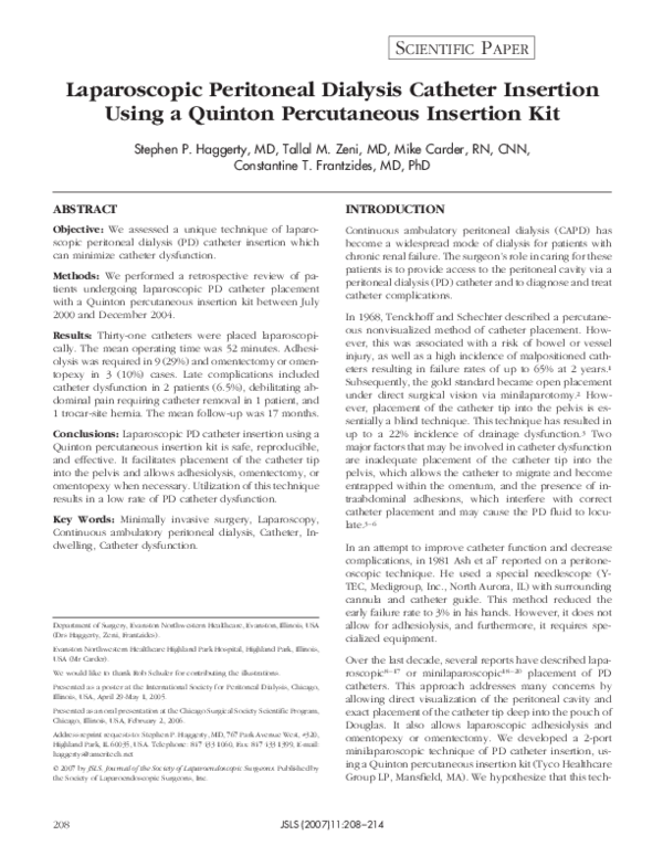 (PDF) Laparoscopic peritoneal dialysis catheter insertion using a Quinton percutaneous insertion kit