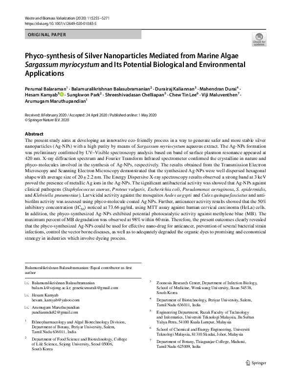 (PDF) Phyco-synthesis of Silver Nanoparticles Mediated from Marine Algae Sargassum myriocystum ...