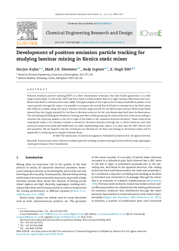 (PDF) Development of positron emission particle tracking for studying laminar mixing in Kenics ...