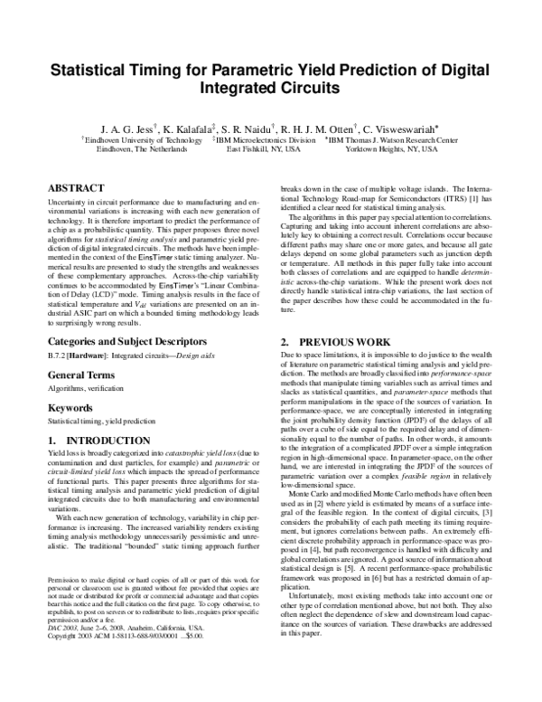 Pdf Statistical Timing For Parametric Yield Prediction Of Digital Integrated Circuits