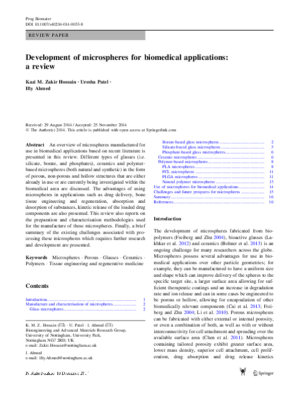 (PDF) Development of microspheres for biomedical applications: a review