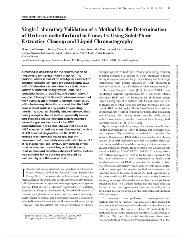 (PDF) Single laboratory validation of a method for the determination of hydroxymethylfurfural in ...