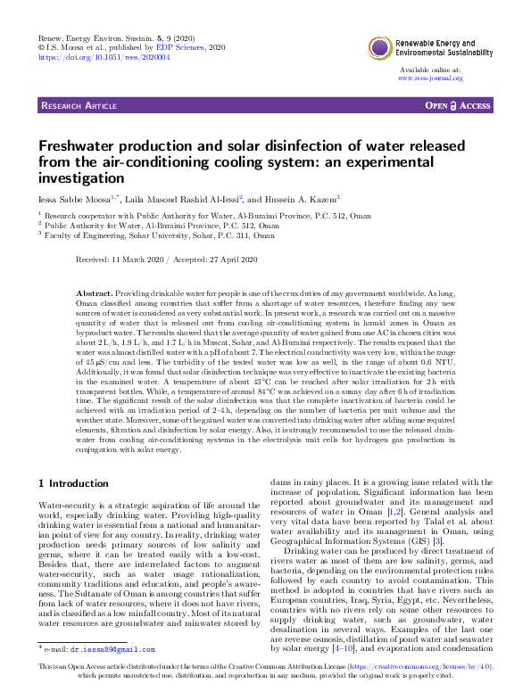 (PDF) Freshwater production and solar disinfection of water released ...