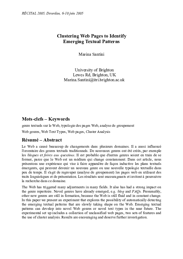 (PDF) Clustering Web Pages to Identify Emerging Textual Patterns