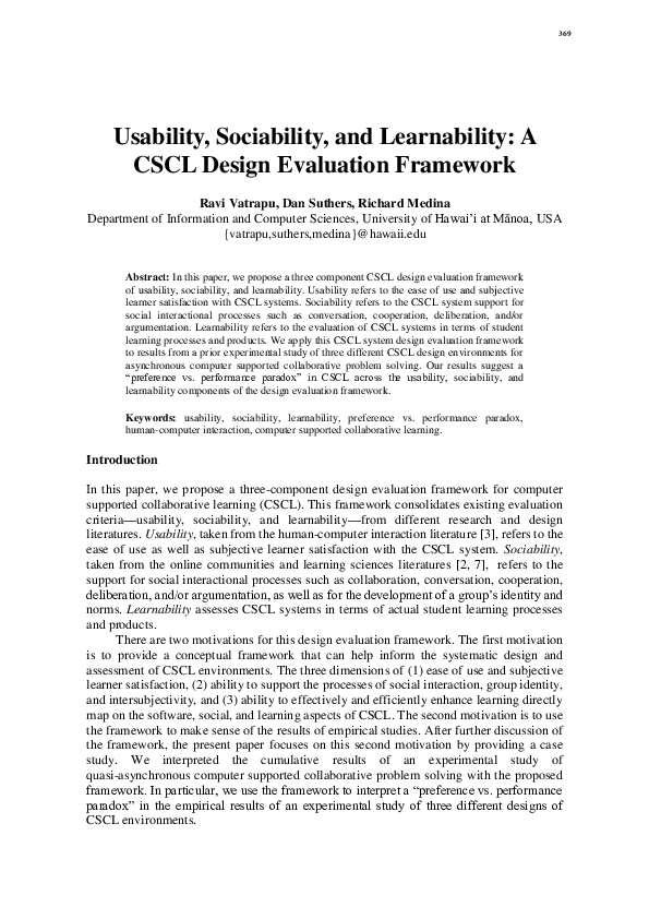 (PDF) Usability, sociability, and learnability: A CSCL design evaluation framework