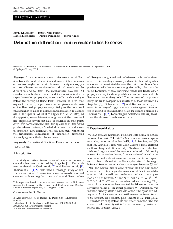 (PDF) Detonation diffraction from circular tubes to cones