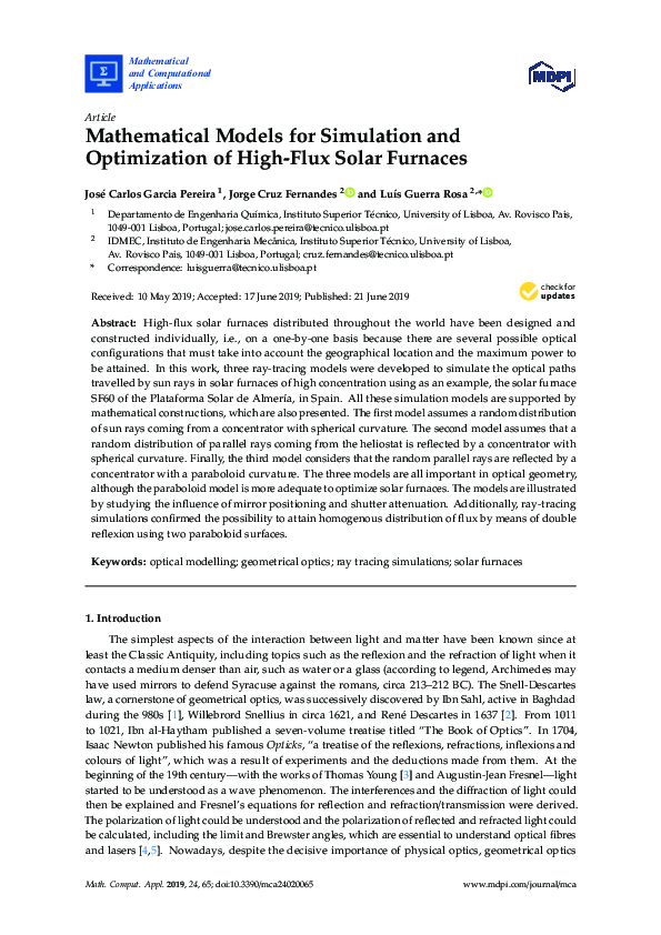(PDF) Mathematical Models for Simulation and Optimization of High-Flux Solar Furnaces
