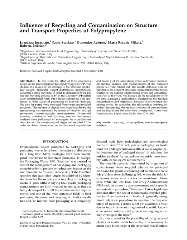 (PDF) J Appl Polym Sci. - Influence of Contamination on PP